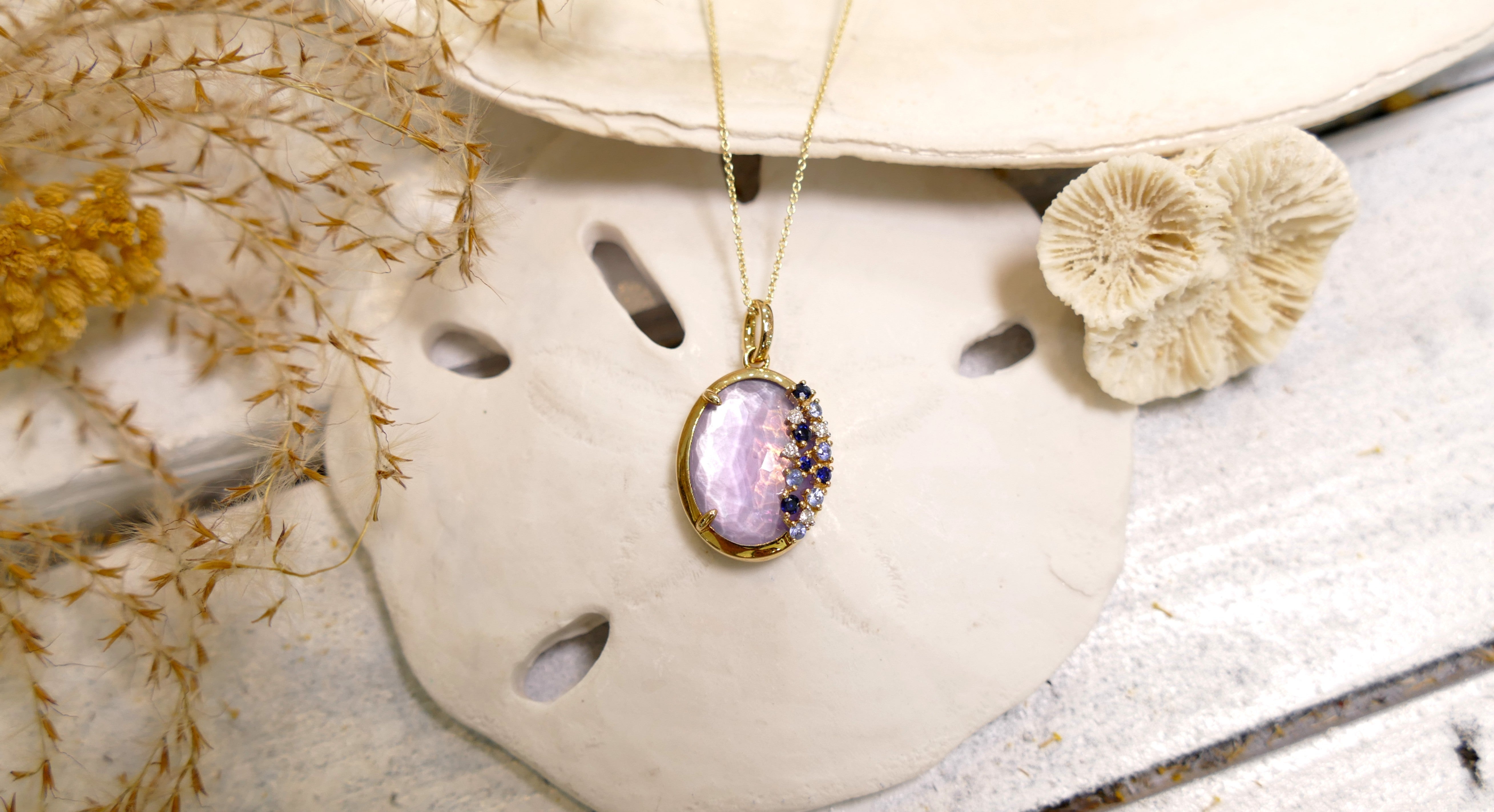 14k - Yellow Gold - Doublet - Diamonds & Sapphires - Amethyst Pendant ...